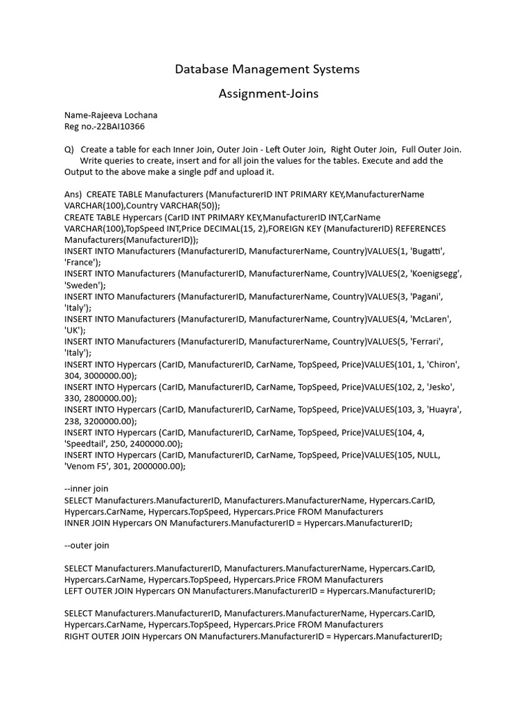 SQL Joins: Inner & Outer Examples | PDF | Sports Cars | Car