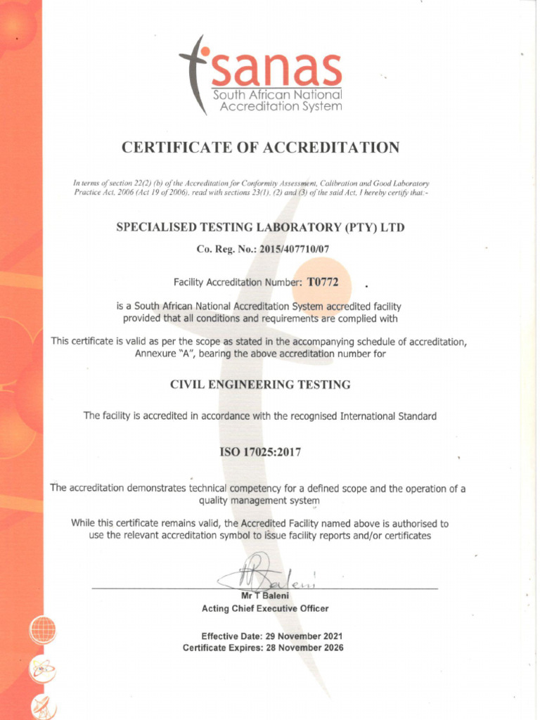 SANAS Certificate STLab 2023 | PDF