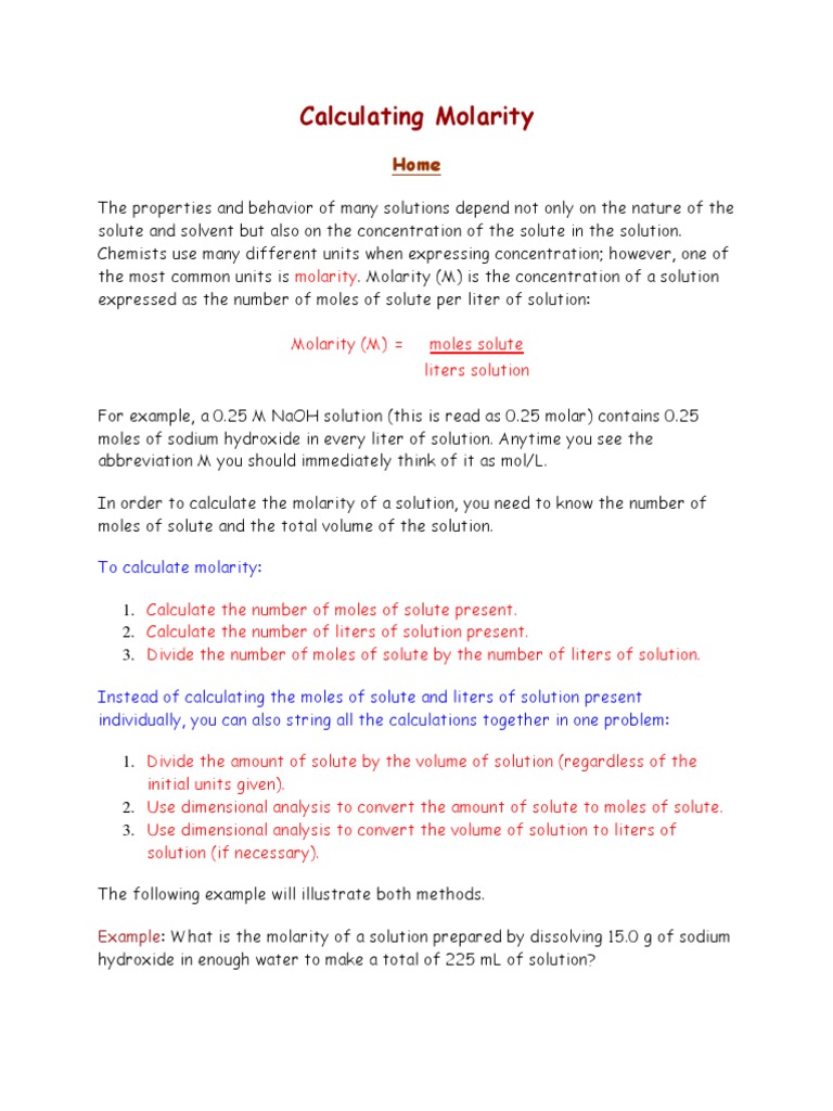 Calculating Molarity of Solutions | PDF | Molar Concentration | Mole (Unit)