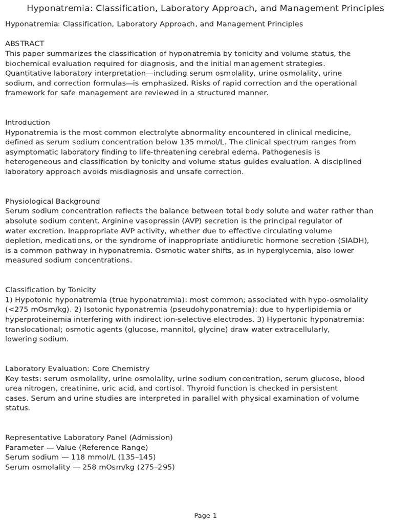 Hyponatremia: Labs and Classification | PDF | Diseases And Disorders ...