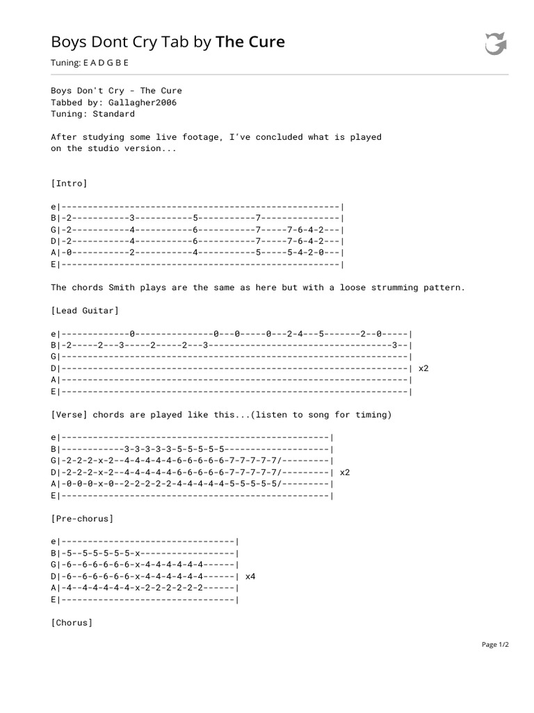 Boys Don't Cry Tab for Guitar | PDF | Song Structure | Elements Of Music