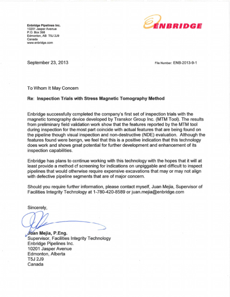 ENBRIDGE-Letter on Experience - Копия | PDF