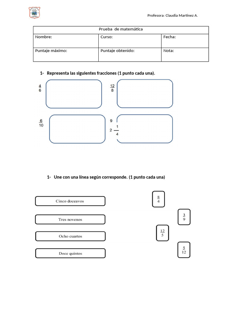 Prueba de Matemática Fracciones | PDF