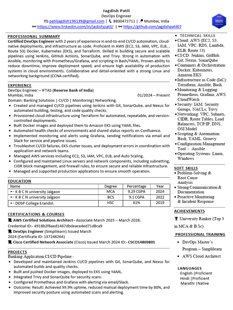 Jagdish Patil DevOps Engineer 2025 | PDF | Amazon Web Services | Computer Networking