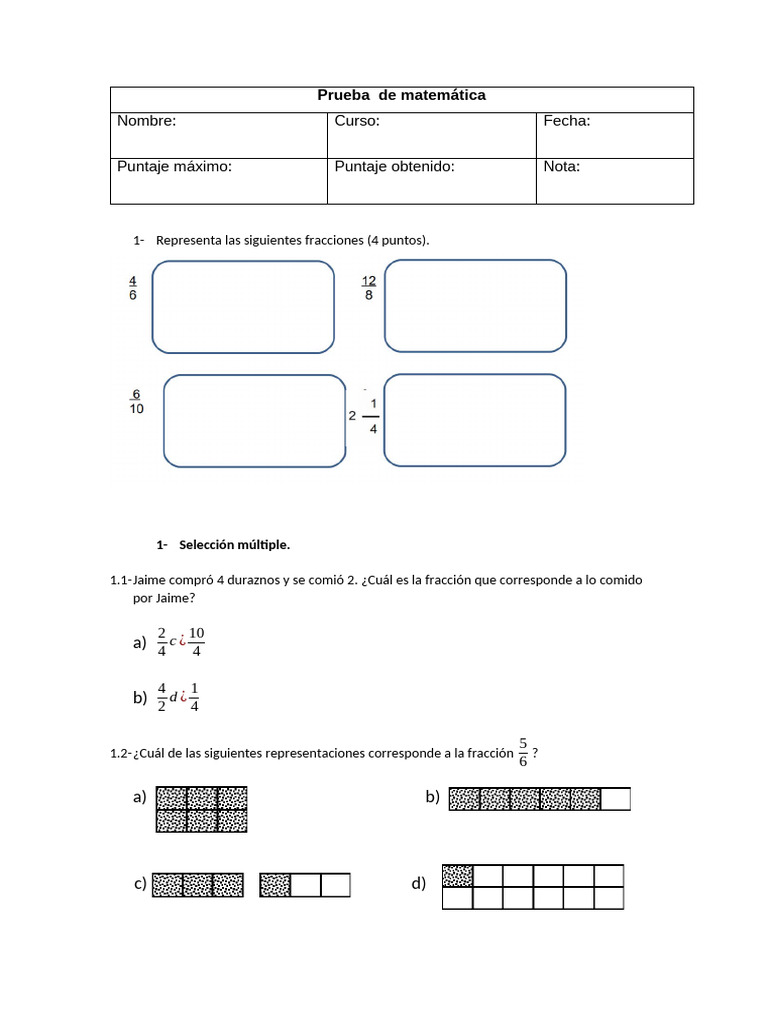 Prueba de Matemática Fracciones | PDF
