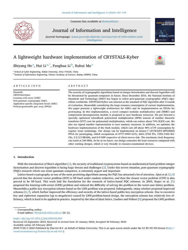 A Lightweight Hardware Implementation of CRYSTALS-Kyber | PDF ...