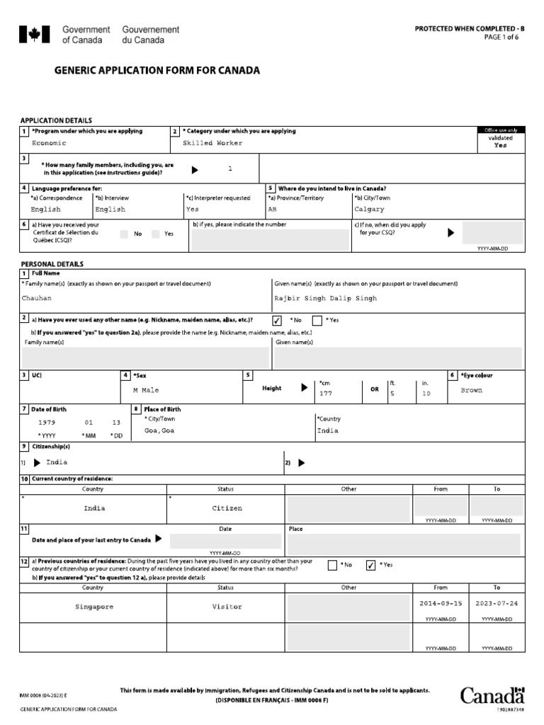 Generic Application Form For Canada of - Mr. Rajbir Singh Dalip Singh ...