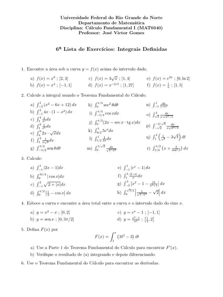 Exercícios de Integrais Definidas UFRN | PDF | Matemática | Analise ...