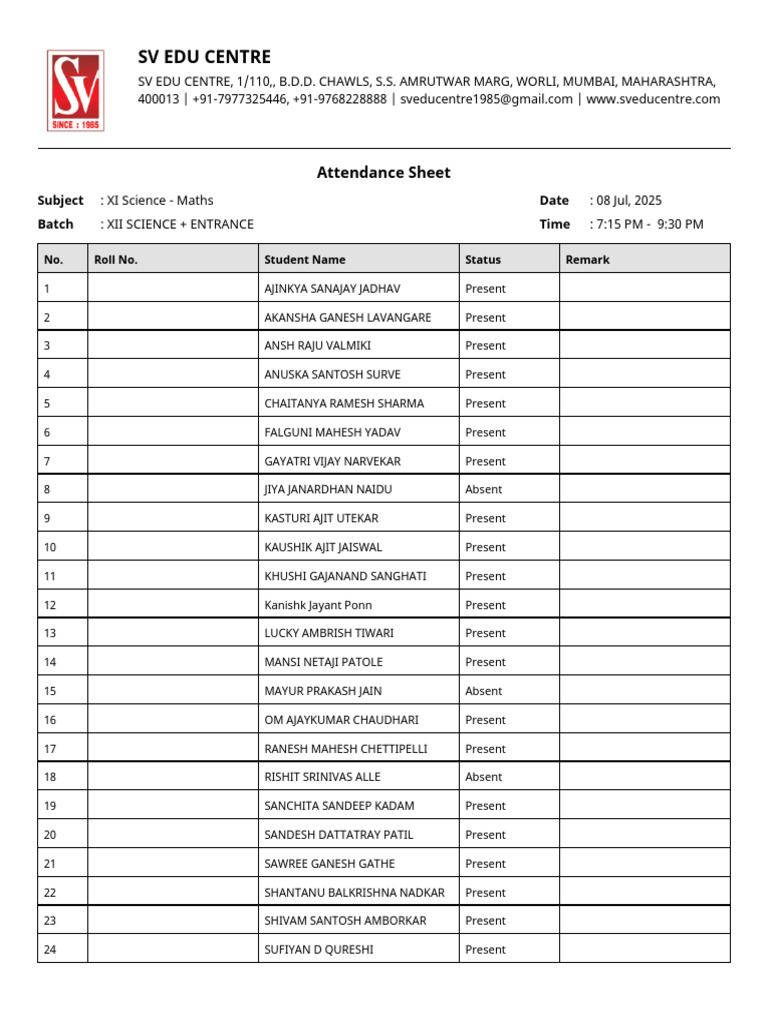 Attendance Sheet for XI Science Maths | PDF