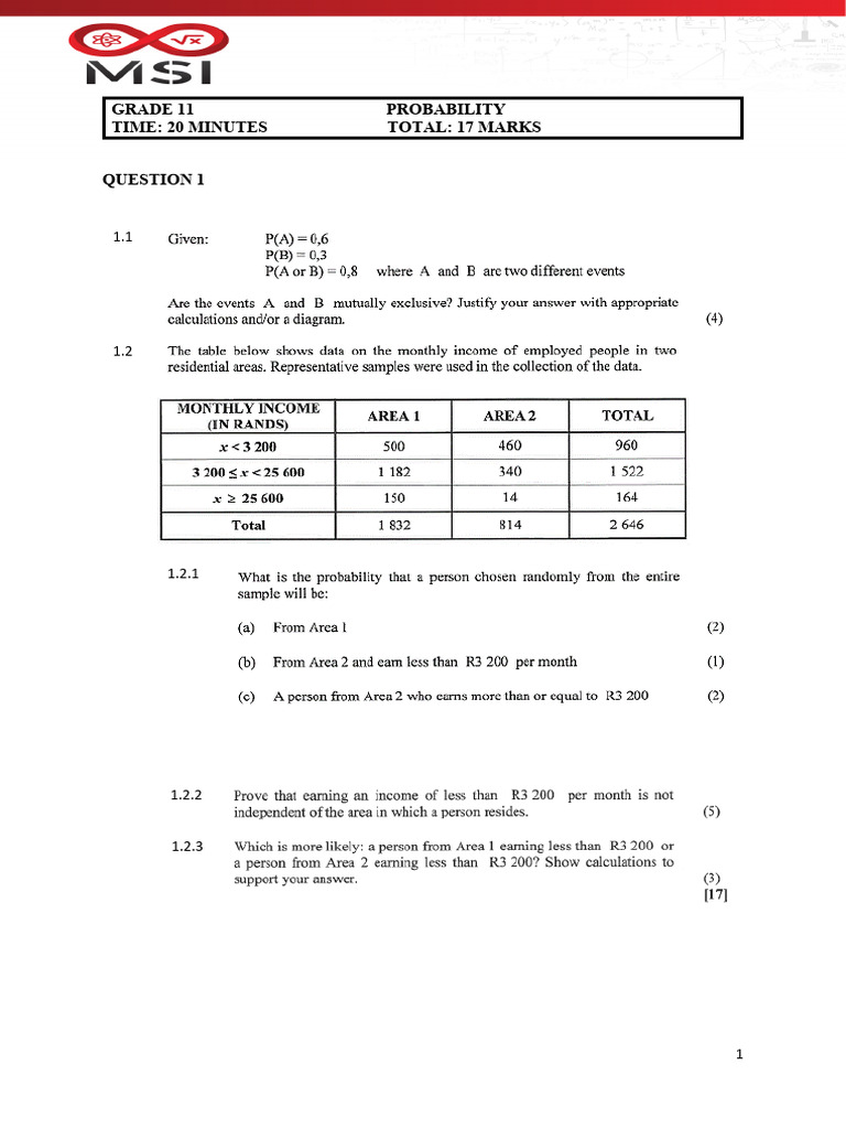Grade 11 Probability Topic Test | PDF