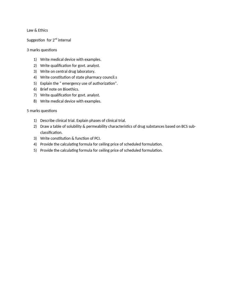 Suggestion D.pharm 2nd Year Law & Ethics 2nd Internal-1 | PDF
