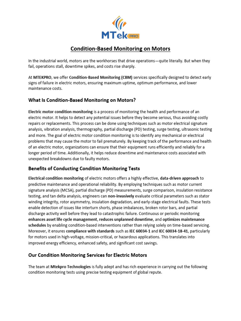 Condition Based Monitoring CBM On Electric Motors 1755189353 | PDF ...