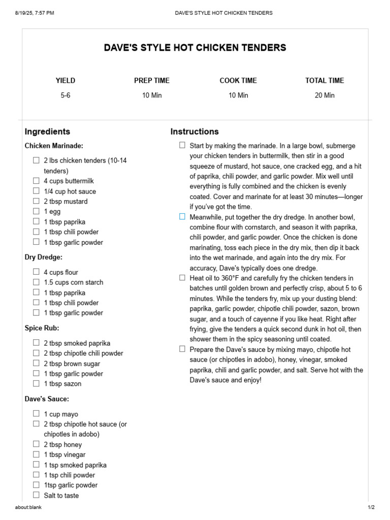 Dave's Style Hot Chicken Tenders | PDF | Hot Sauce | Paprika