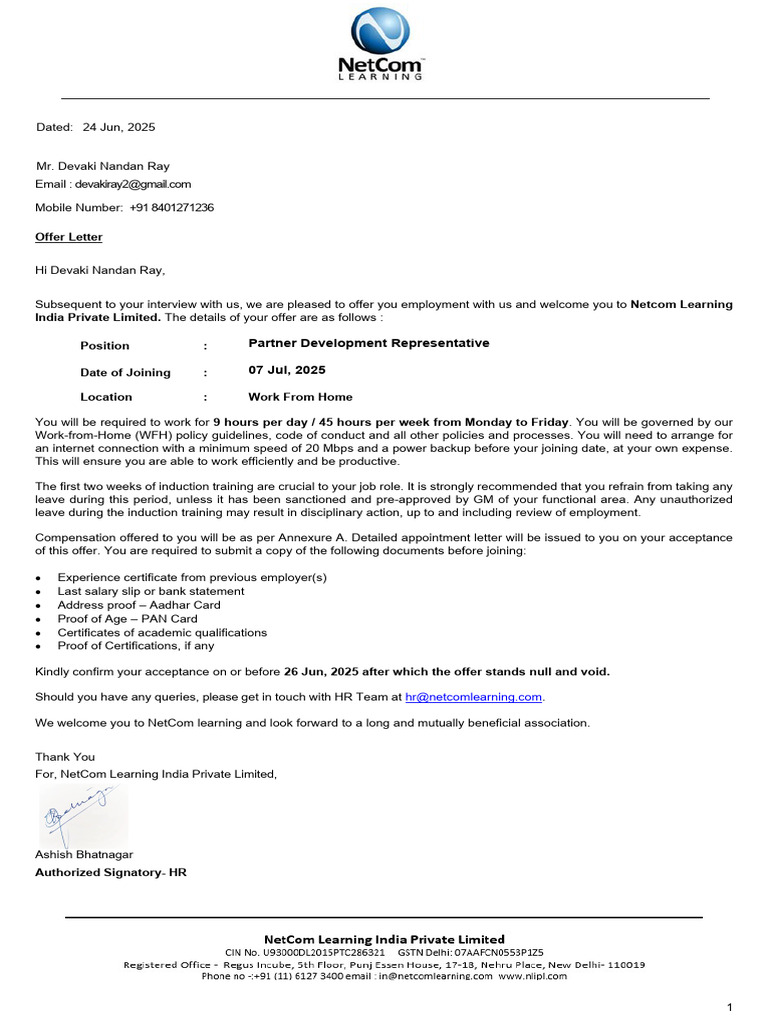 Netcom Learning Job Offer Details | PDF | Employee Relations | Labor