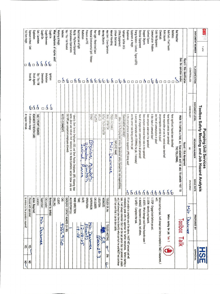 JHA, TBT, JP, Lifting Plan, FBU Pre-work Checklist 12.08.25 | PDF
