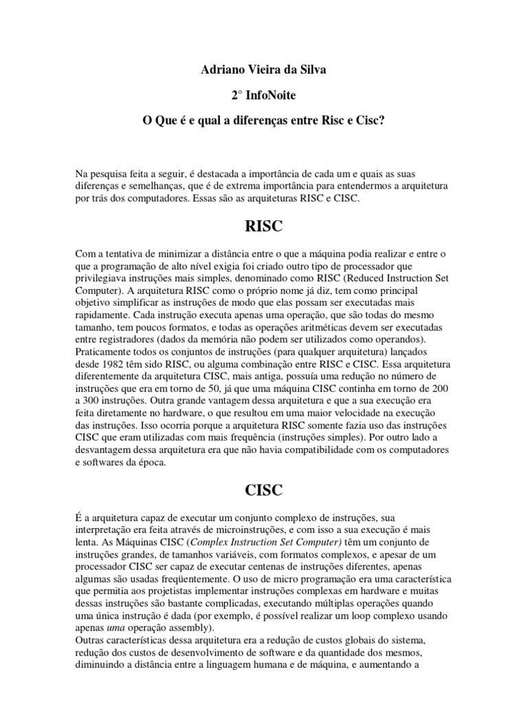 O Que É e Qual A Diferenças Entre Risc e Cisc | PDF | Arquitetura de ...