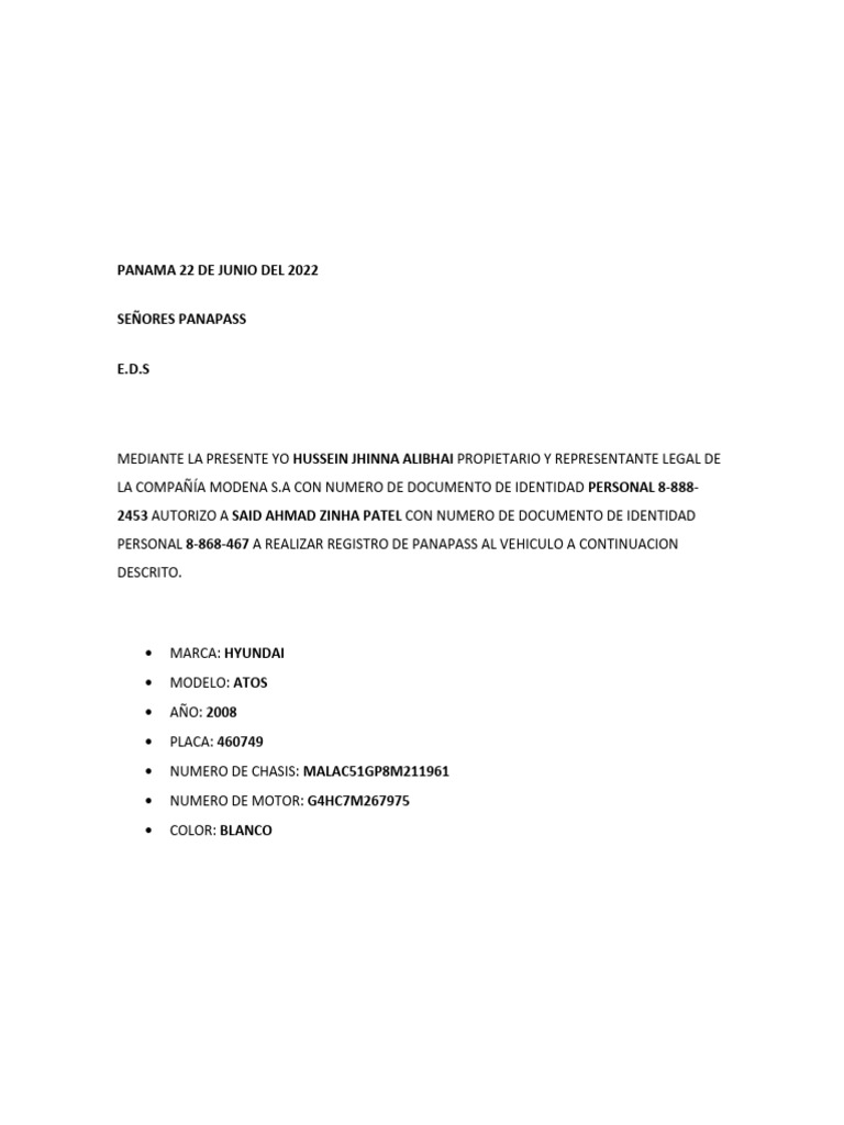 Carta de Panapass | PDF