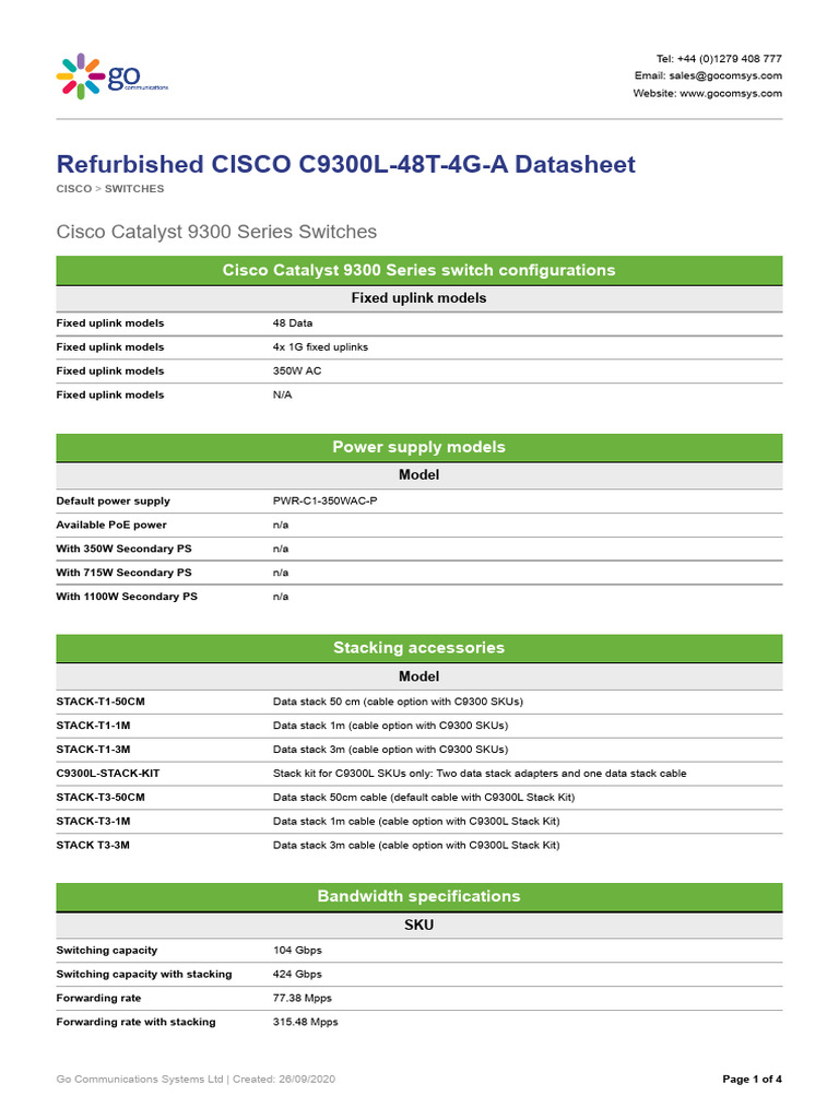 Cisco c9300l 48t 4g A Datasheet | PDF | Power Supply | Physical Layer Protocols