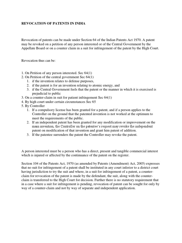 Revocation of Patents in India | PDF | Glossary Of Patent Law Terms ...