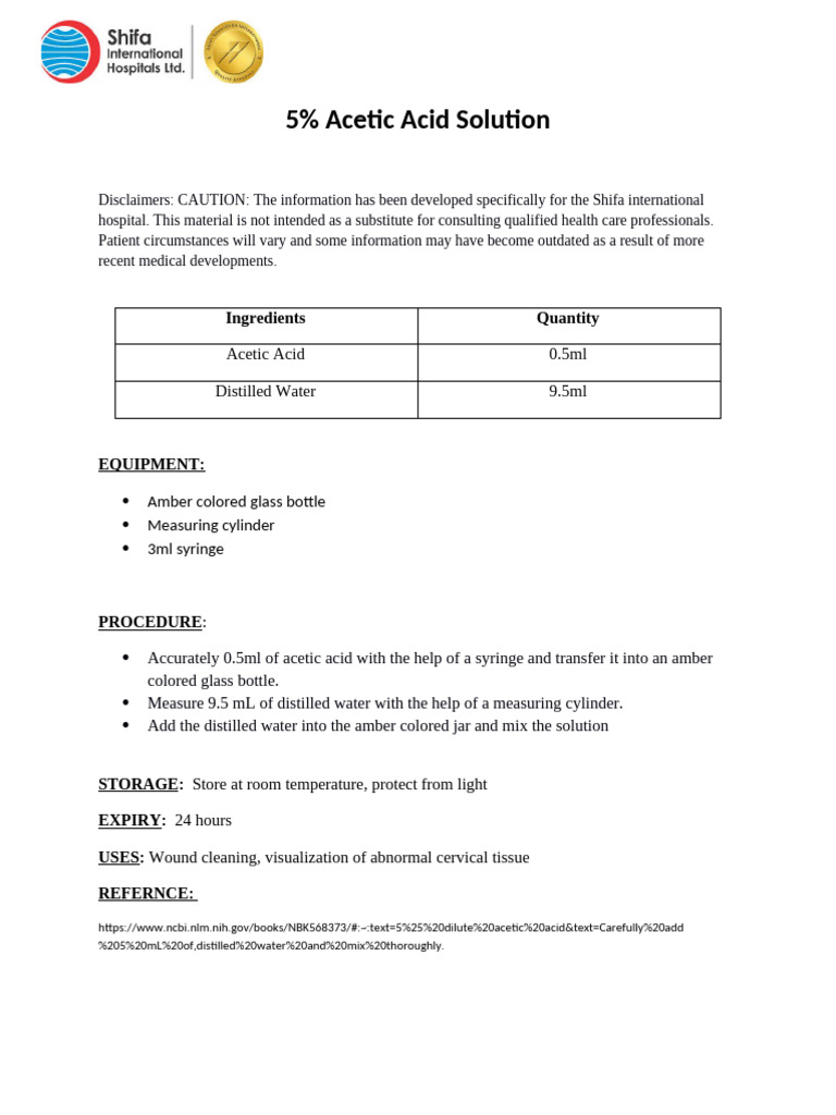 5% Acetic Acid Solution Preparation Guide | PDF