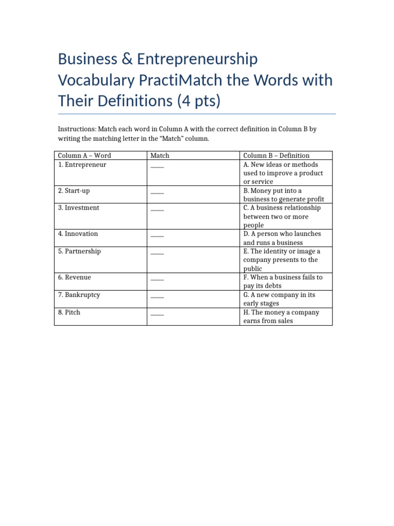 Entrepreneurship Vocabulary Matching | PDF