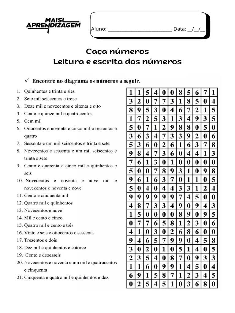Caça Números Leitura e Escrita Dos Números | PDF