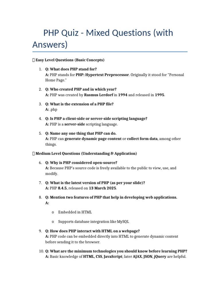 Mixed PHP Quiz With Answers | PDF | Php | Dynamic Web Page