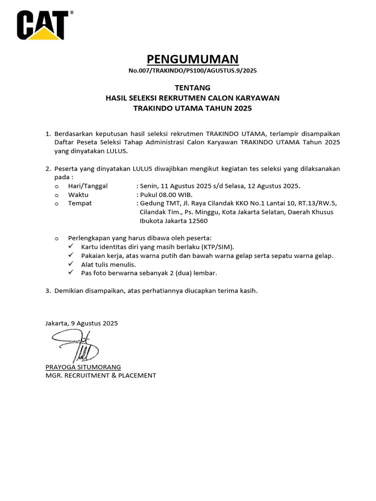 Undangan Interview PT Trakindo Utama | PDF