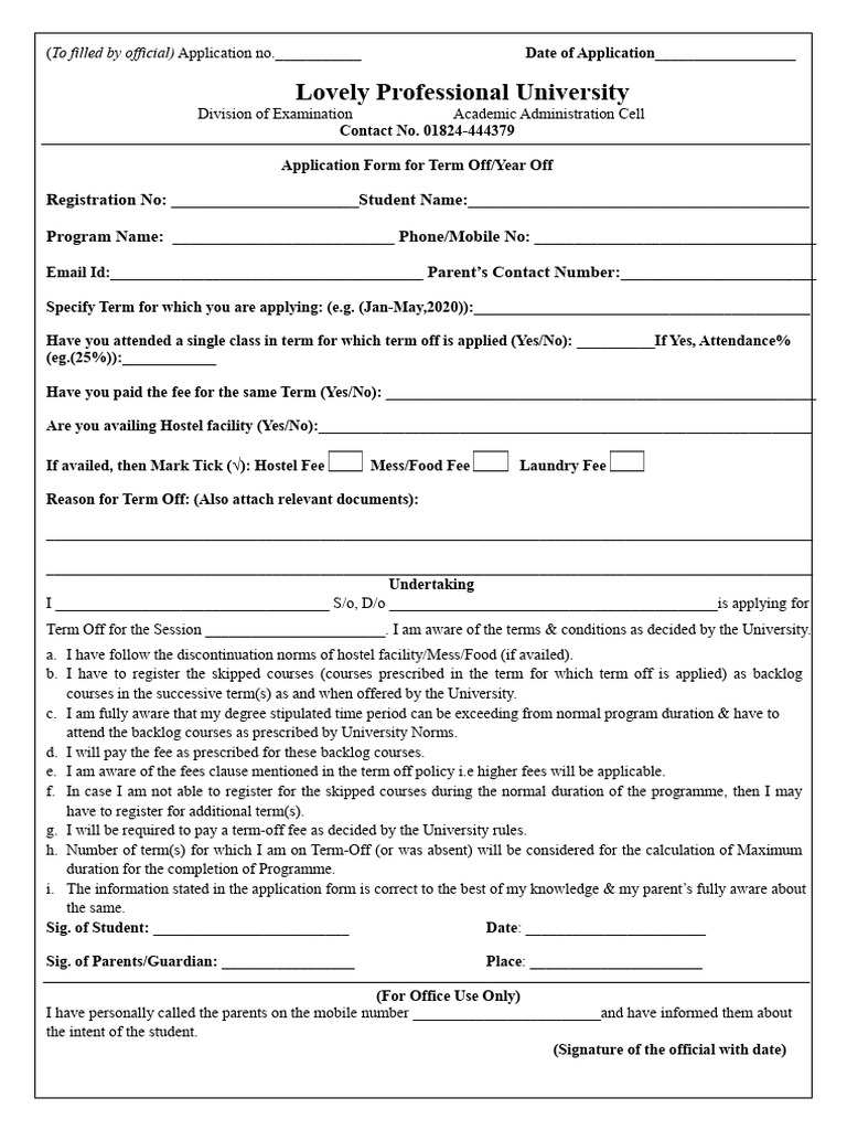 Term Off Application Form - LPU | PDF