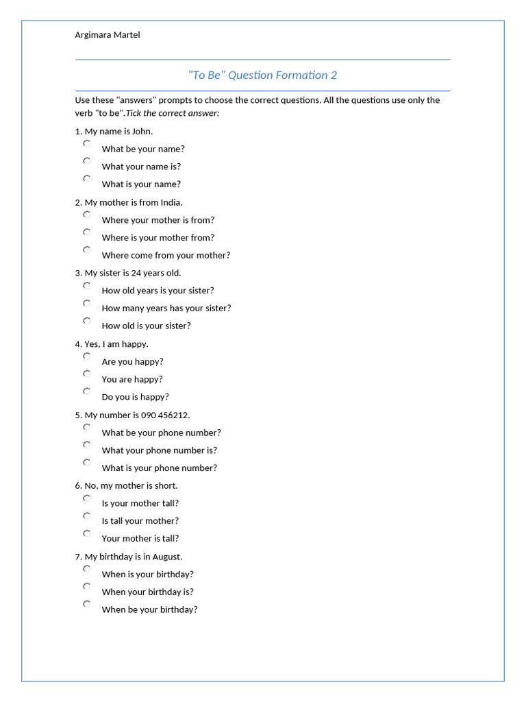 To Be Question Formation Worksheet 2 | PDF