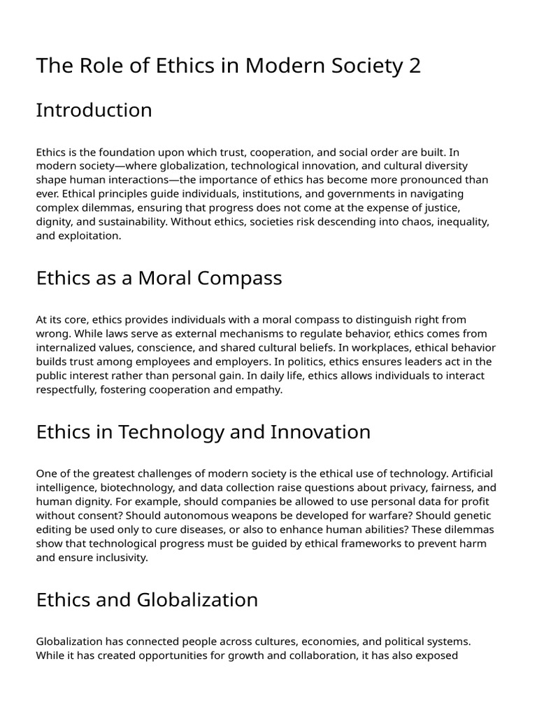 The Role of Ethics in Modern Society 2 | PDF | Social Justice | Justice
