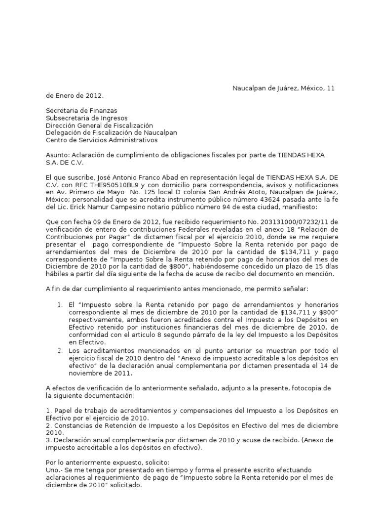 Aclaración Fiscal Tiendas Hexa 2012 | PDF | Impuesto sobre la renta ...