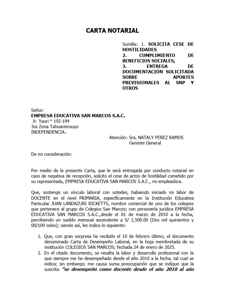 Carta Cese de Hostilidades - Rosario More | PDF | Derecho laboral