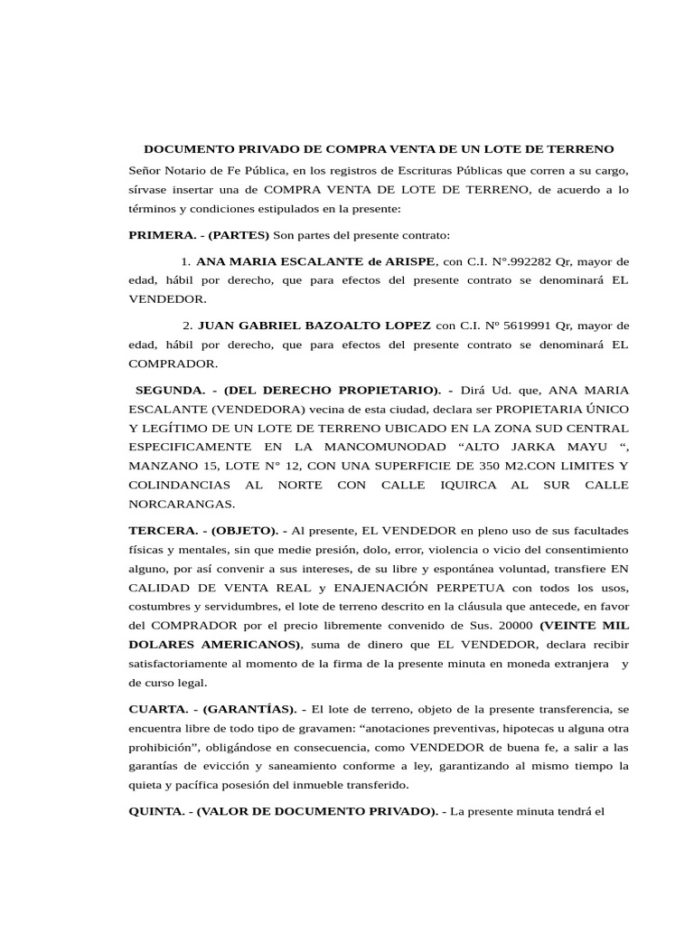 Documento Privado de Compra Venta de Un Lote de Terreno | PDF