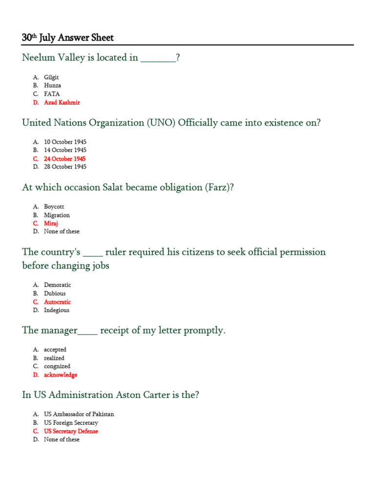 30th July Answer Sheet | PDF | Pakistan
