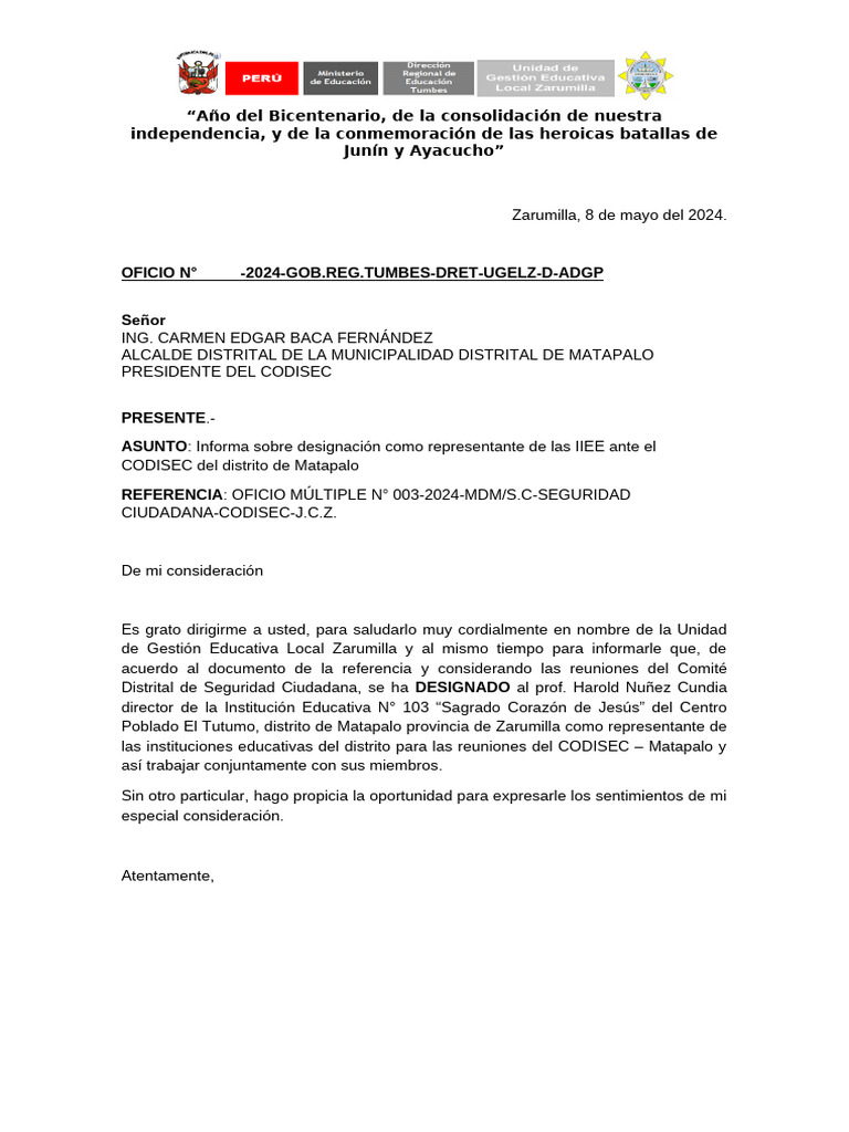 OFICIO A Presidente de CODISEC | PDF