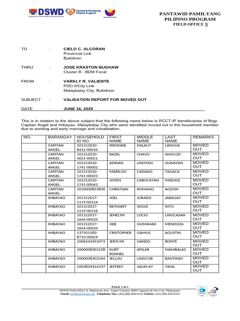 Validation Report: Moved Out Beneficiaries | PDF