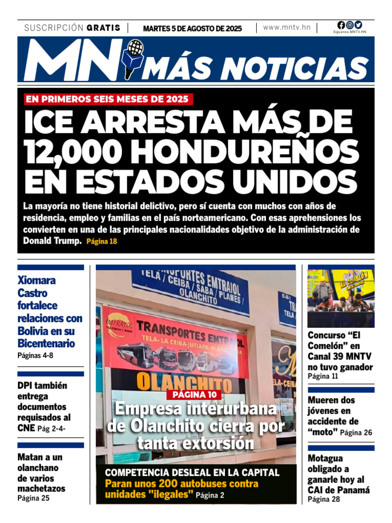 Mas Noticias Edicion Martes 5 de Agosto de 2025 | PDF | Honduras | Bolivia