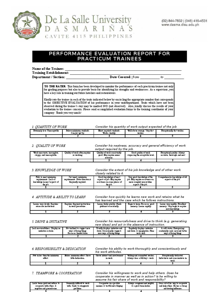 Performance Evaluation Report For Practicum Trainees | PDF | Performance Appraisal | Applied ...