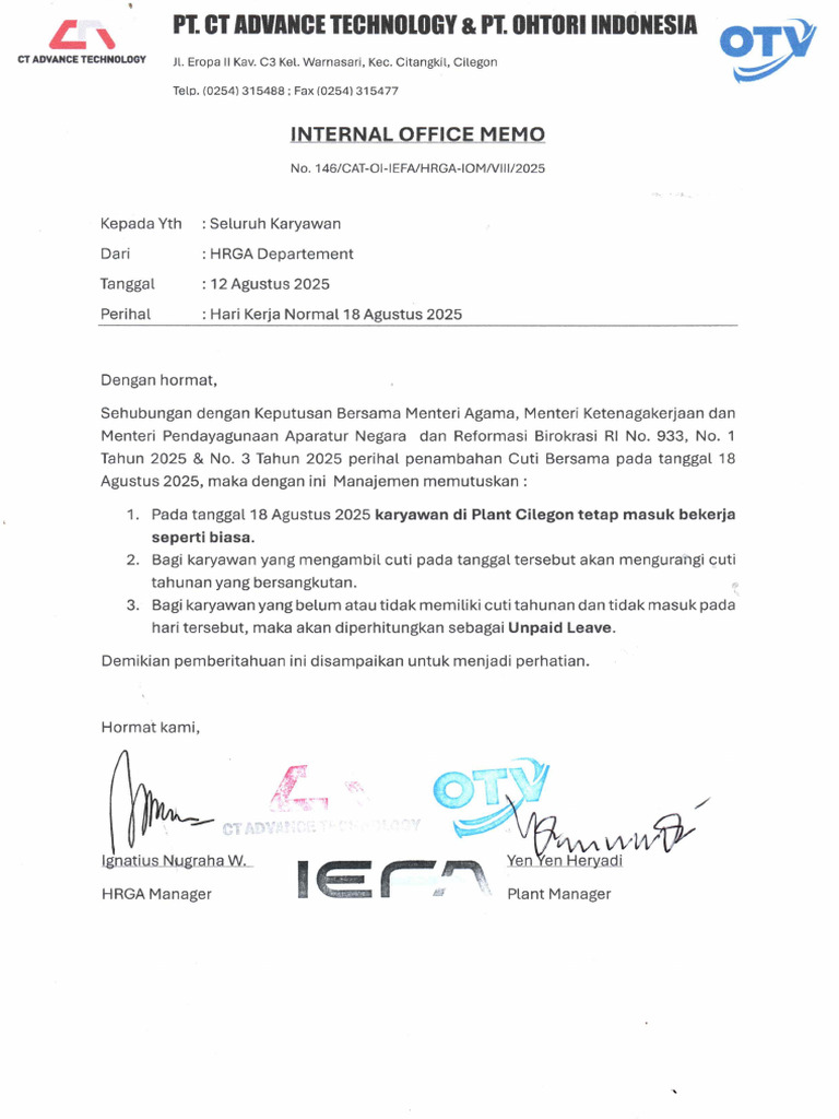 Internal Memo Office (Hari Kerja Normal 18 Agustus 2025) | PDF