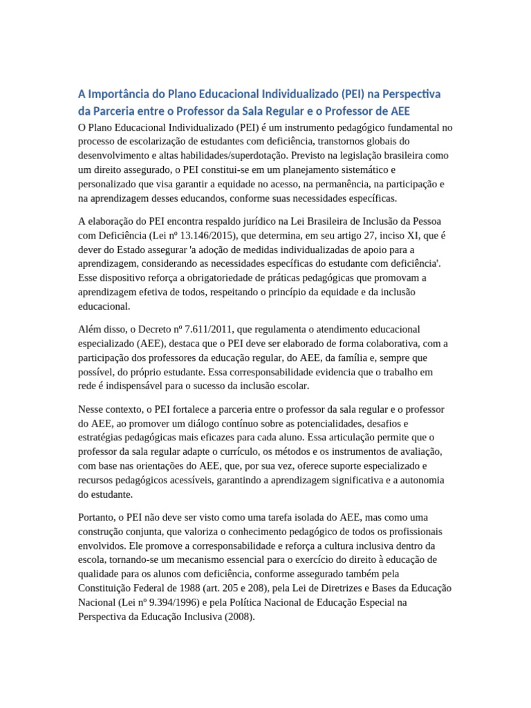 A Importância do PEI | PDF | Exclusão social | Pedagogia