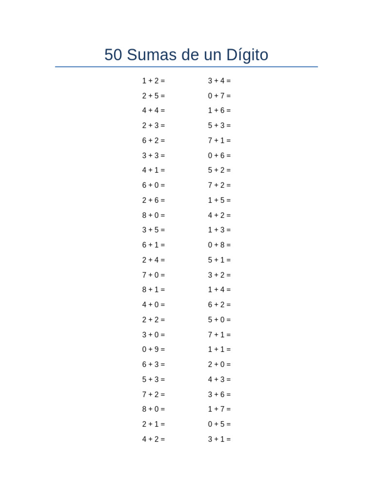50 Sumas de Un Digito | PDF