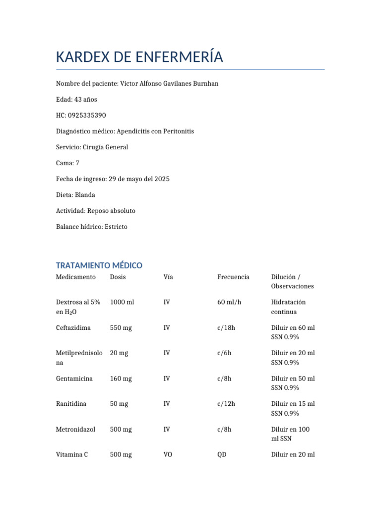 Kardex de Enfermería: Víctor Gavilanes | PDF