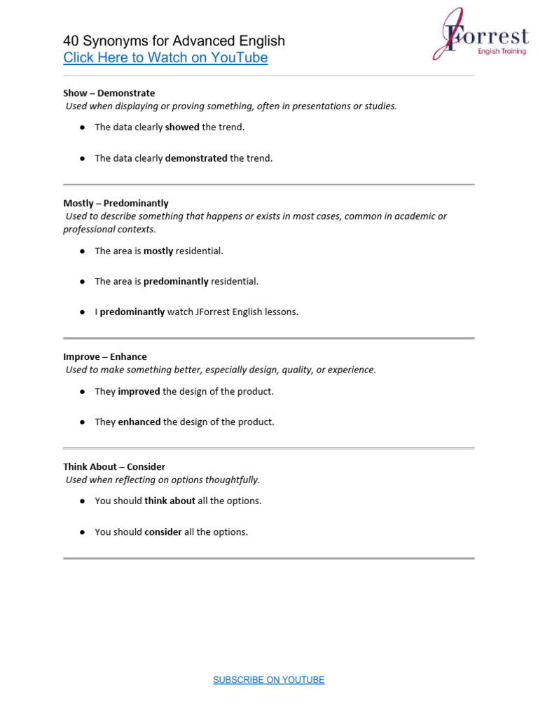 40 Advanced English Synonyms Guide | PDF | English Language | Accent ...