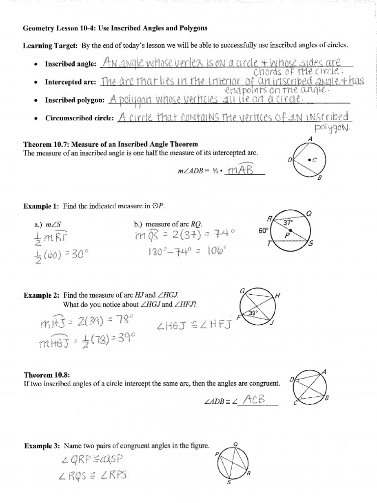 SOLUTIONS NOTES 9.3 Inscribed Angles | PDF
