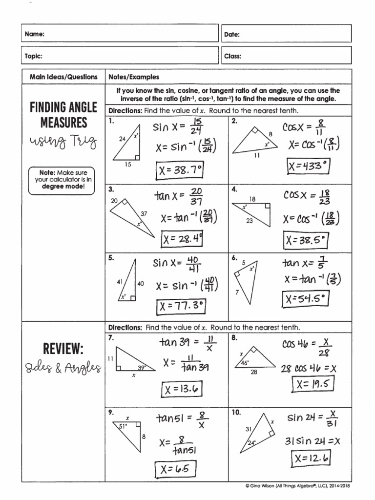 SOLUTIONS Notes 8.4.1 SOHCAHTOA Finding Angle Measure | PDF