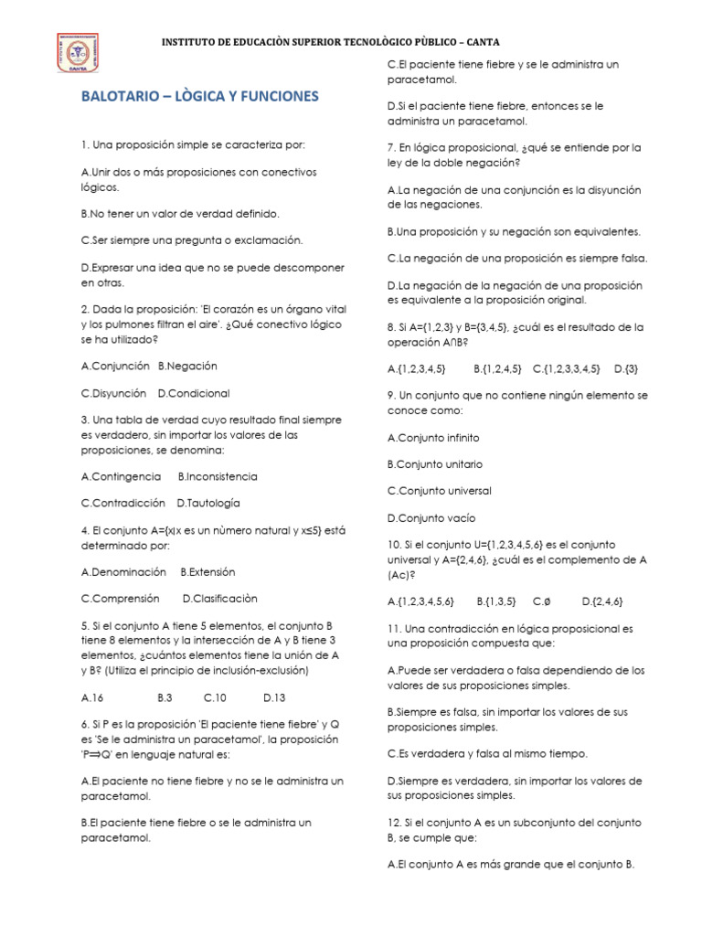 Balotario de Logica y Funciones | PDF | Proposición | Lógica matemática