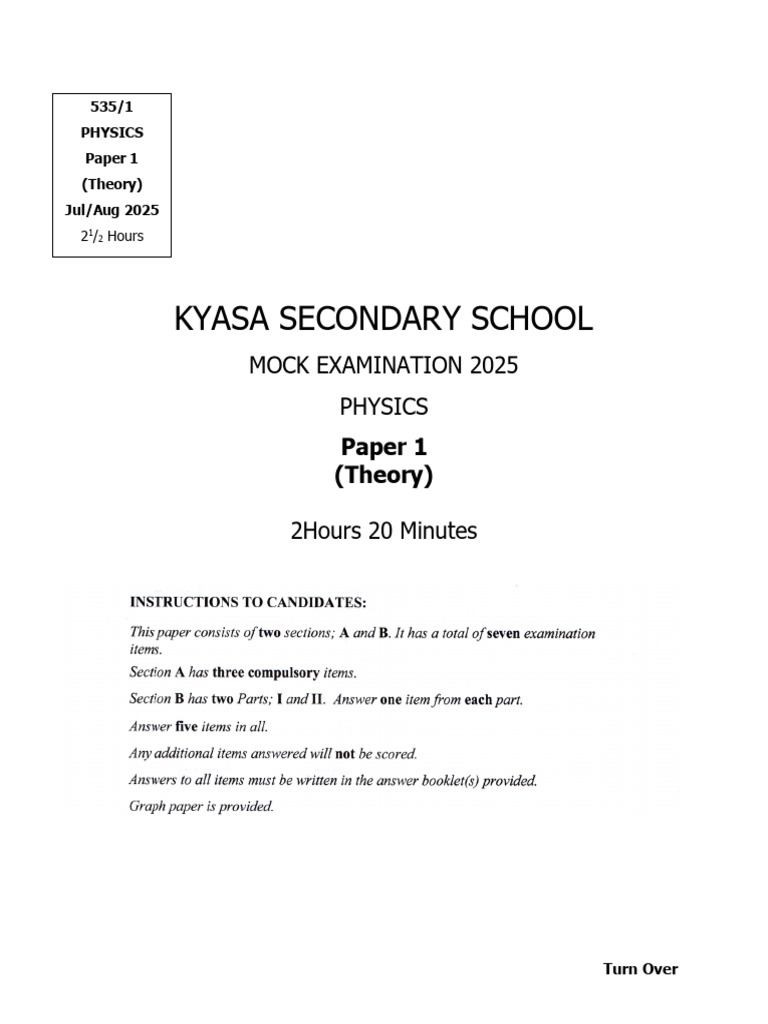 Kyasa Secondary School Physics Exam 2025 | PDF