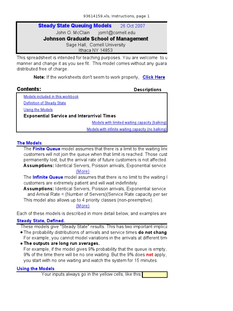 Instructions for Steady State Queuing Models Spreadsheet | PDF ...