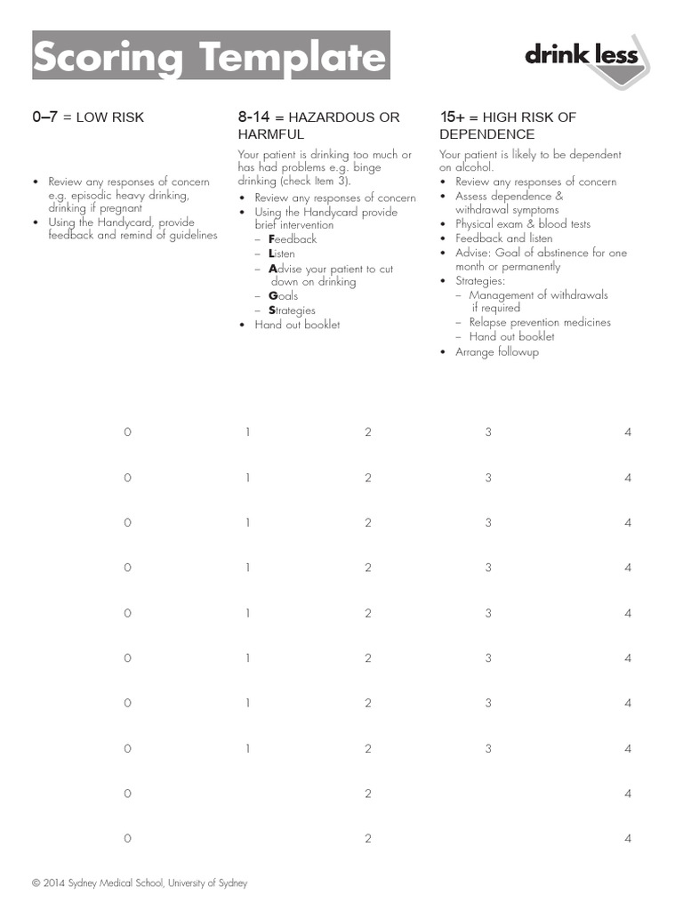 Drink Less Scoring Template | PDF | Alcoholism | Health Care